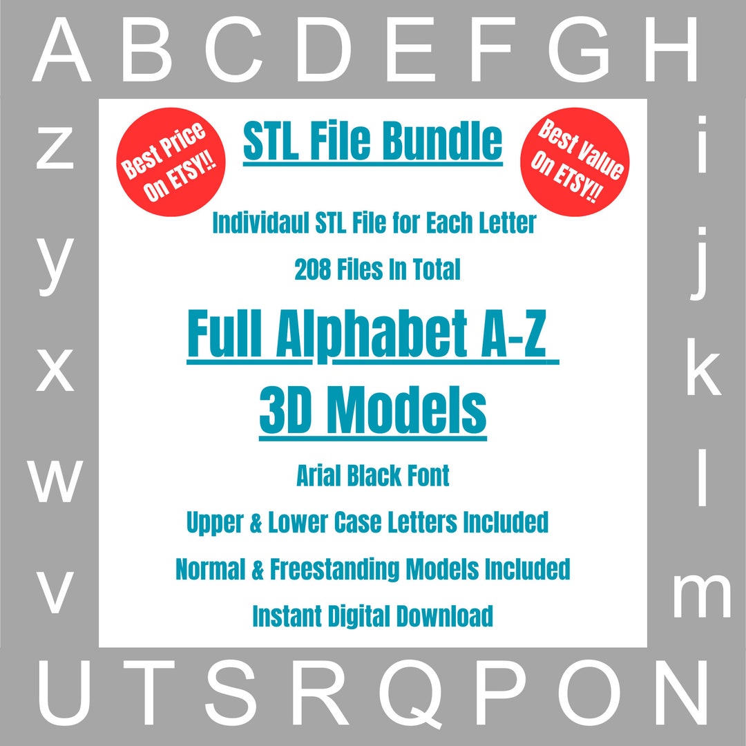 3D Letters Full Alphabet A-Z Arial Black Font 3D Printing STL 208 Files ...