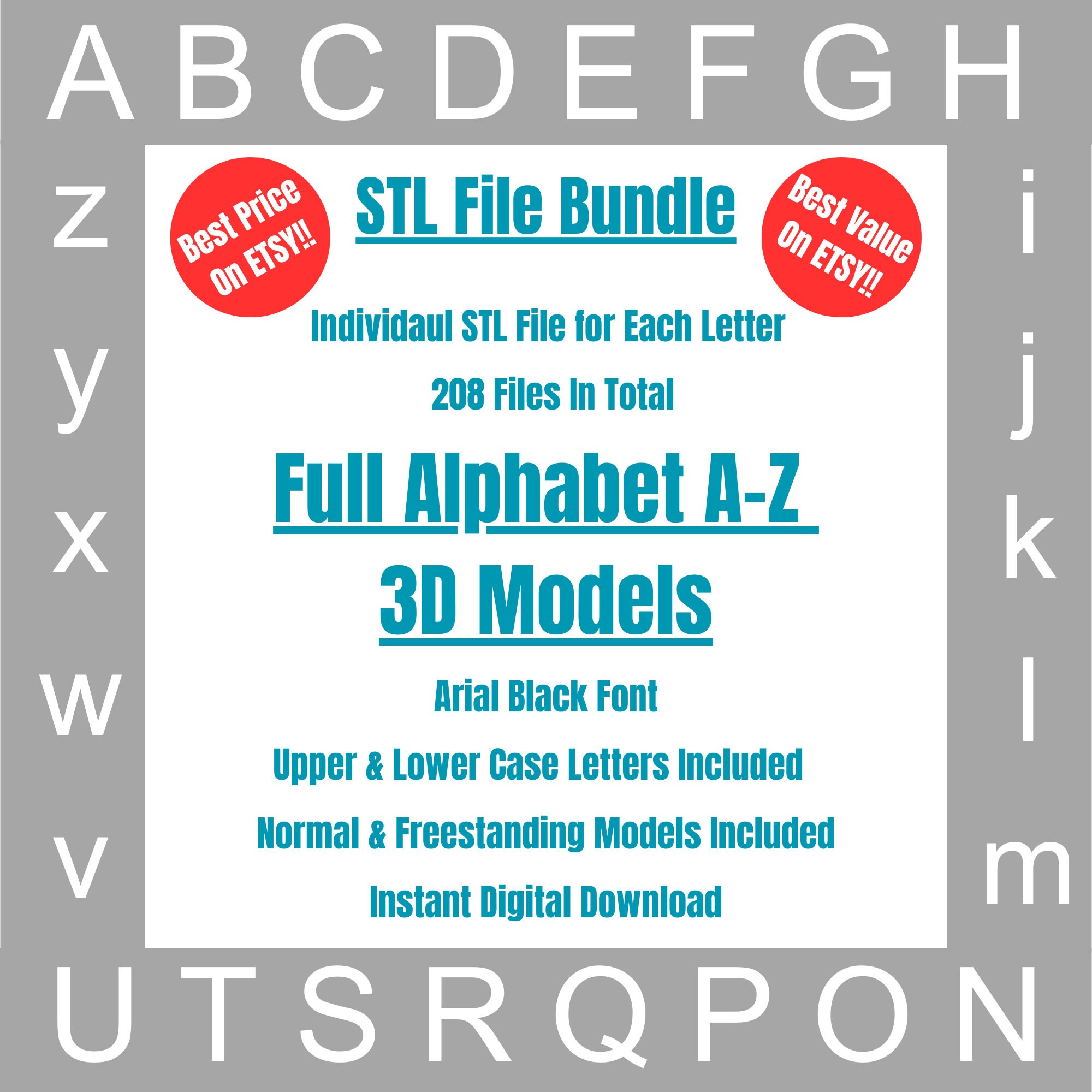 3D Letters Full Alphabet A-Z Arial Black Font 3D Printing STL 208 Files ...