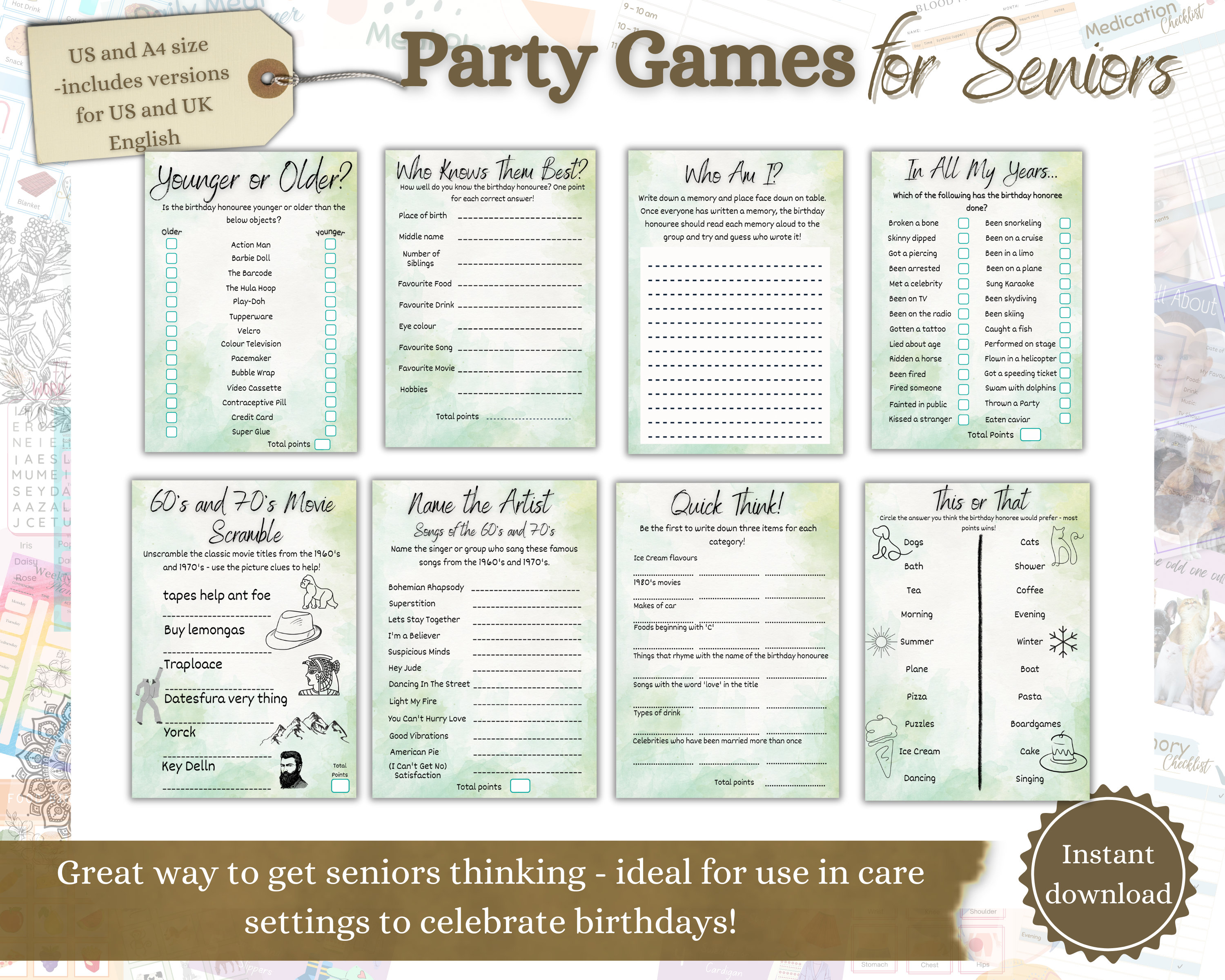 Party Games for Seniors, Printable Party Games, 70th Birthday Games ...