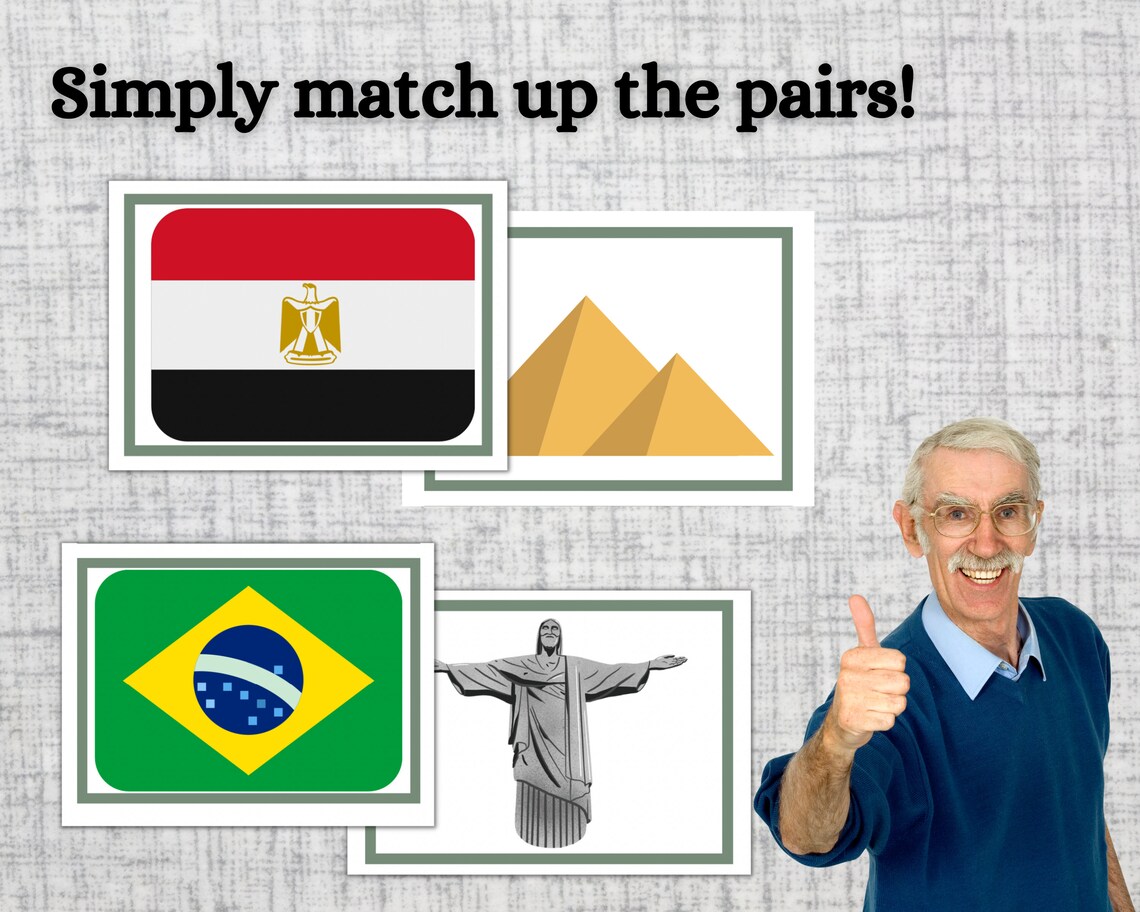 Flags and Famous Landmarks Matching Game for Seniors, Montessori ...
