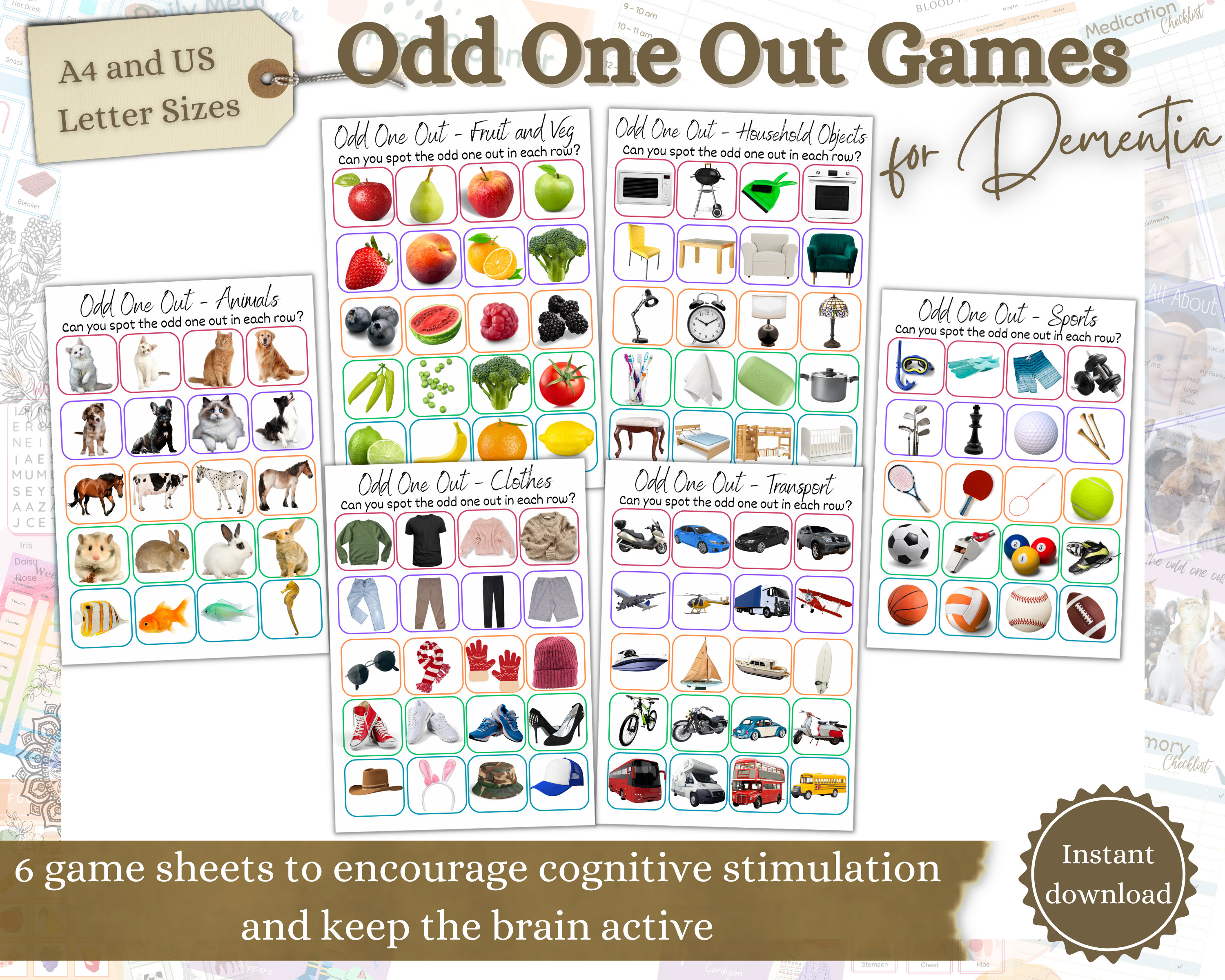 Odd One Out, Dementia Activities, Dementia Printables, Brain Games for ...