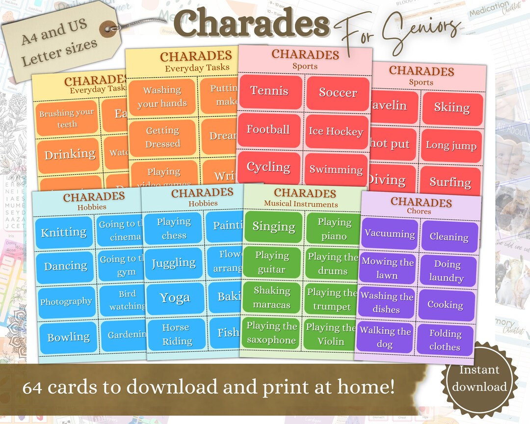 Charades Game for Seniors, Printable Dementia Activity, Alzheimer’s Games, Memory Aid, Dementia ...
