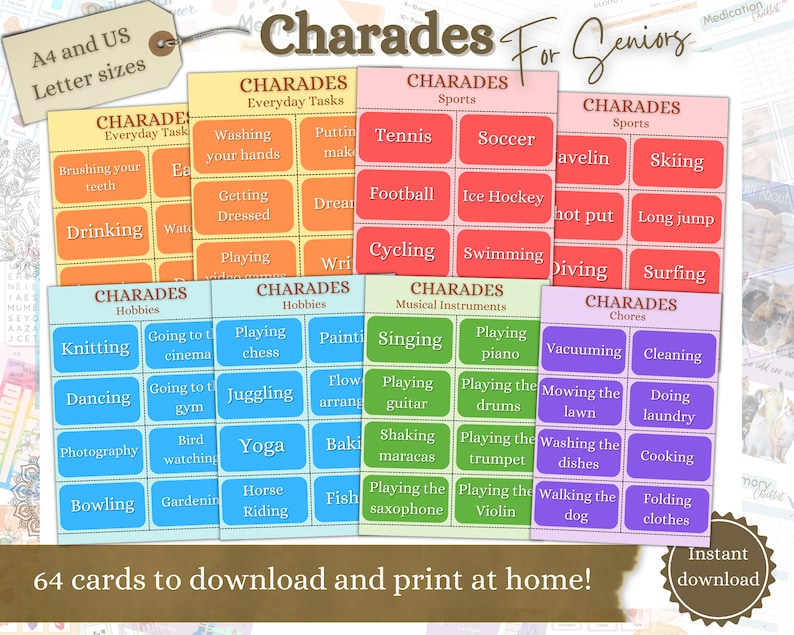 Charades Game for Seniors, Printable Dementia Activity, Alzheimer’s ...