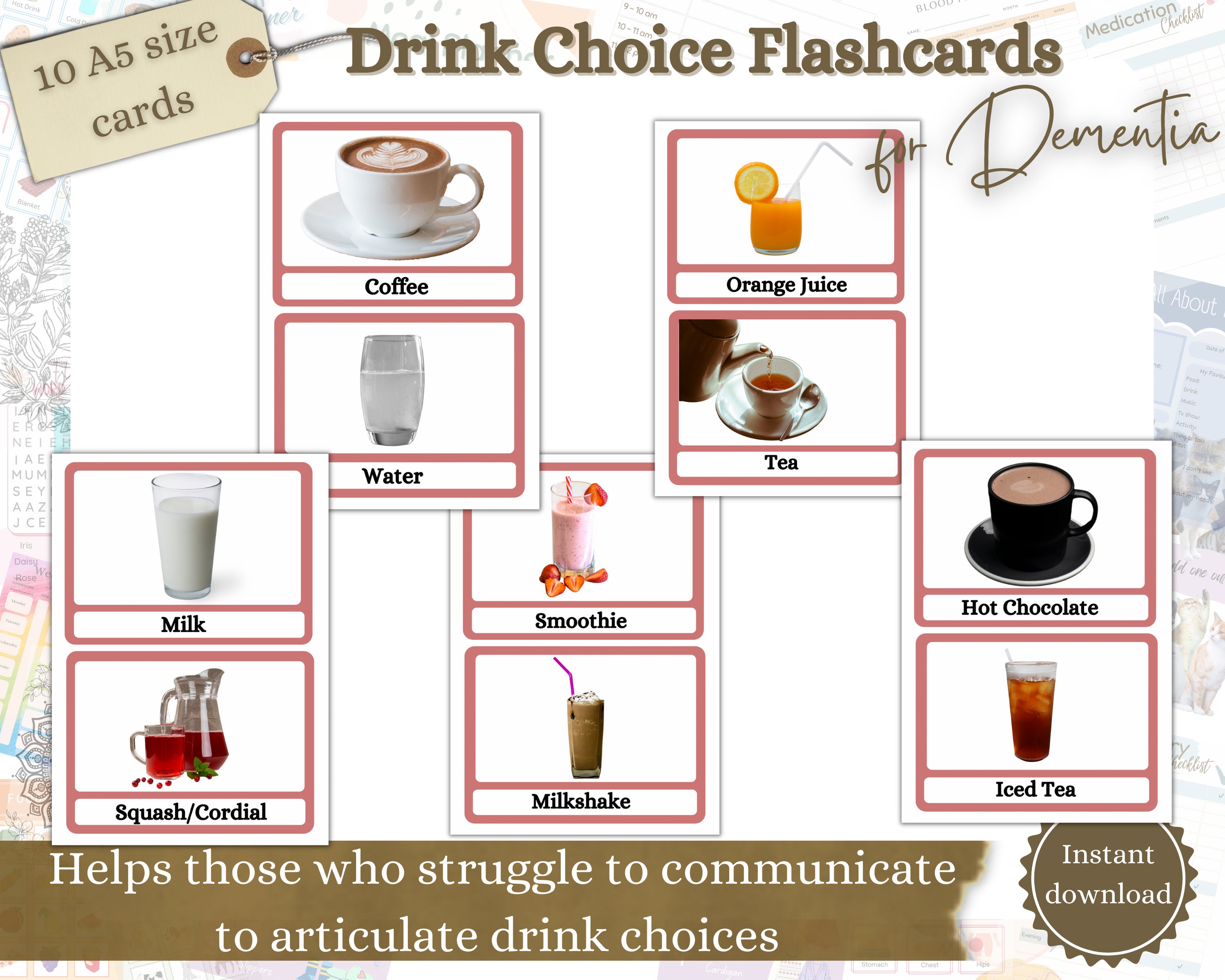 Drink Choice Flashcards, Visual Aid for Seniors, Dementia Aid, Care ...