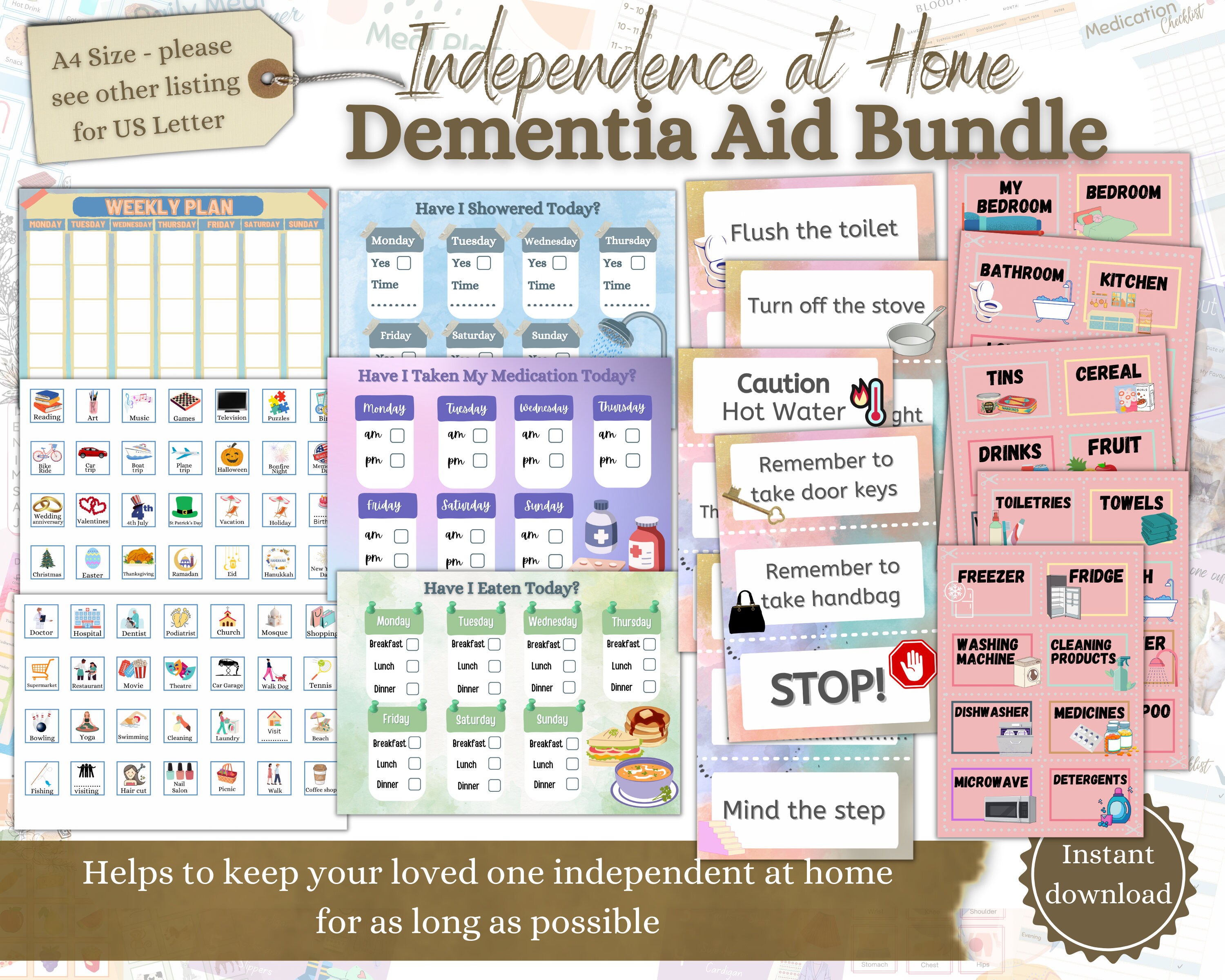 Dementia Aid Bundle, Memory Aid, Printable Dementia Signs, Independence ...