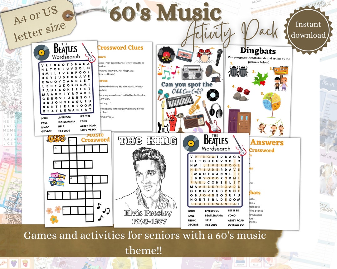1960s Music Activity Pack for Seniors, Brain Games, Elvis, the Beatles ...