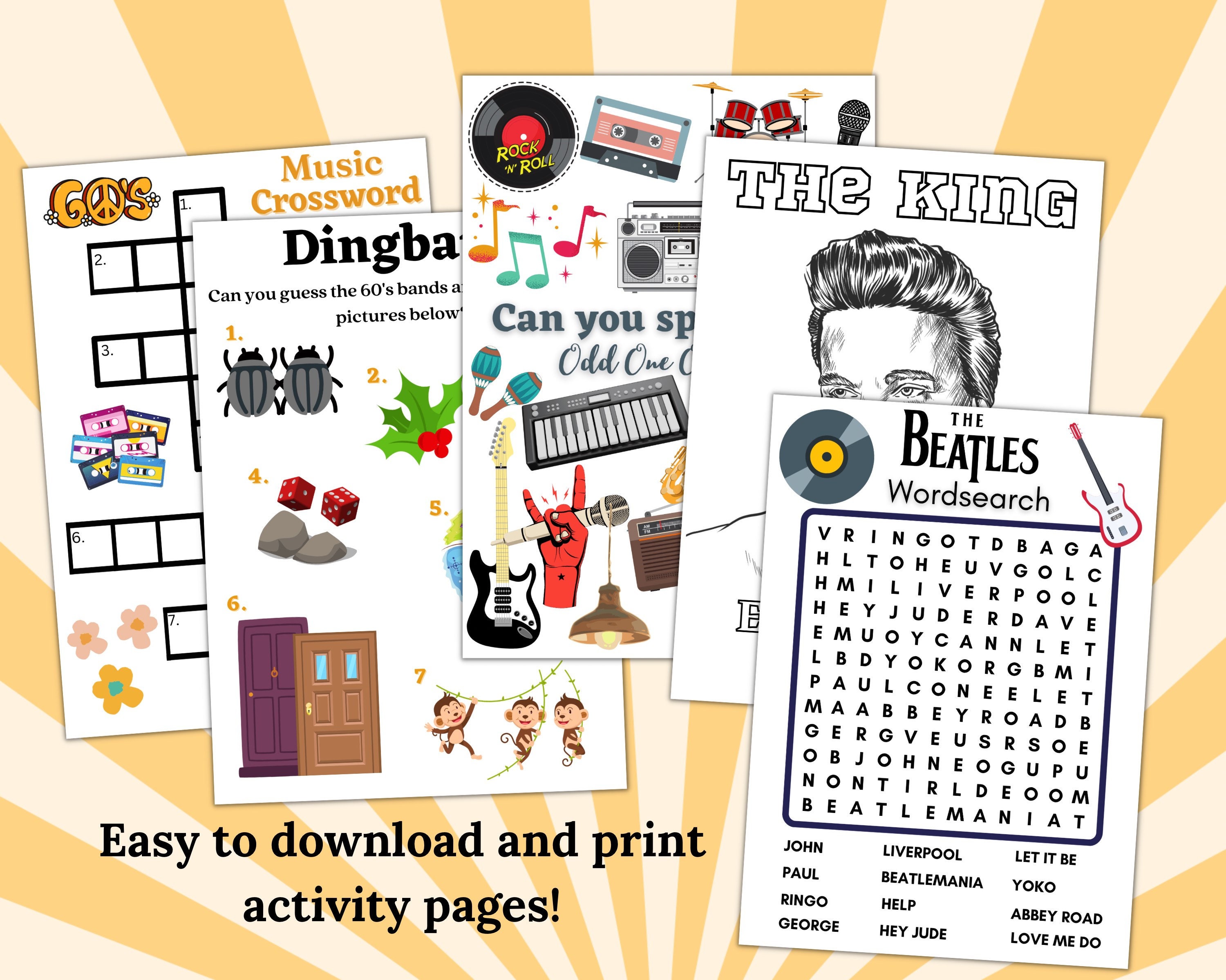 1960s Music Activity Pack for Seniors, Brain Games, Elvis, the Beatles ...
