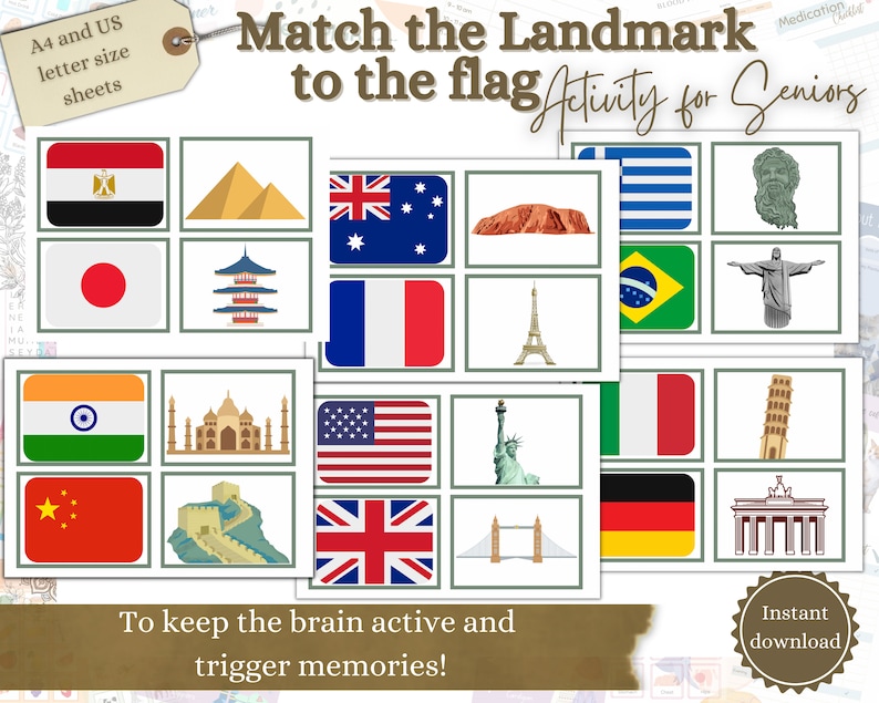Flags and Famous Landmarks Matching Game for Seniors, Montessori ...