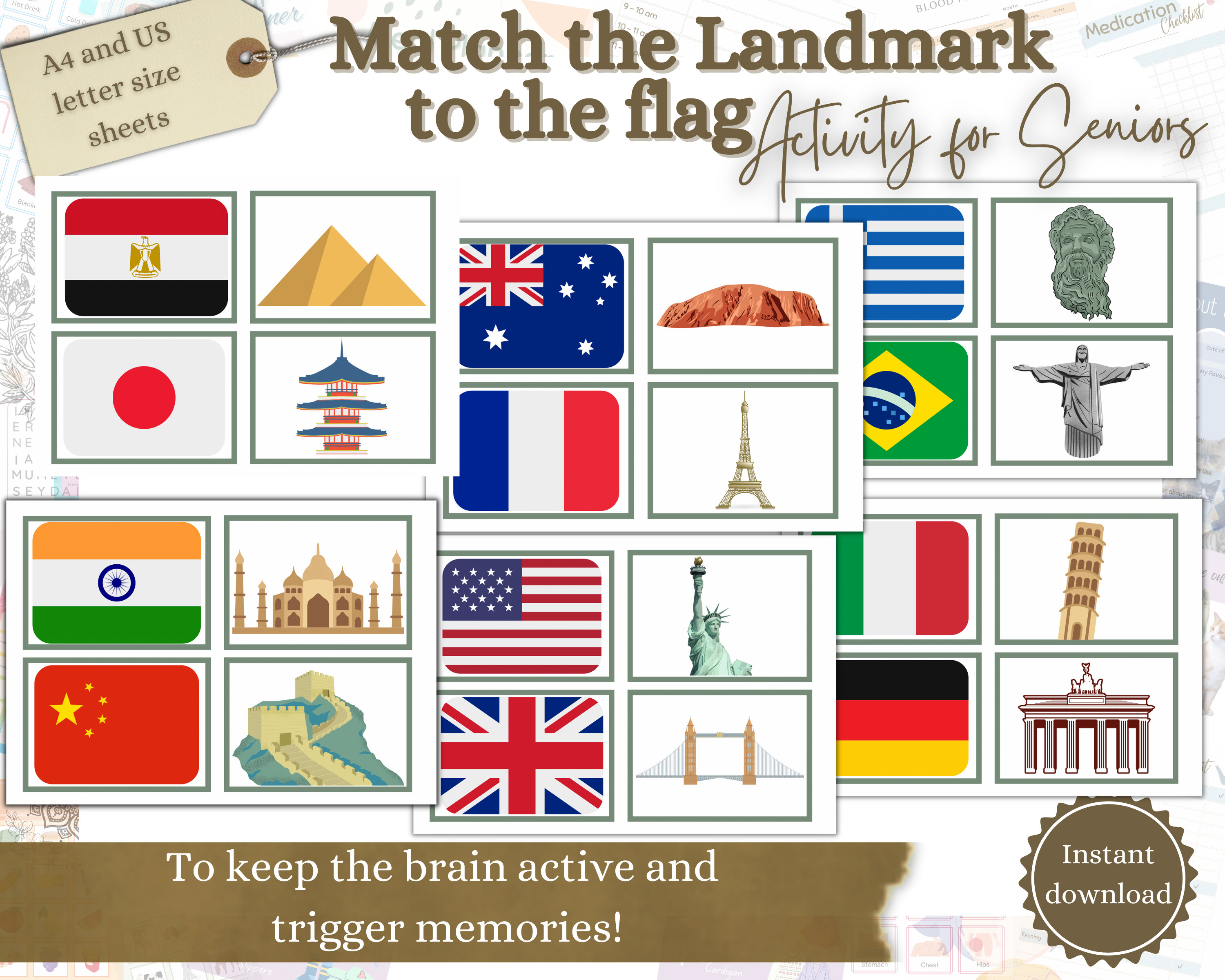 Flags and Famous Landmarks Matching Game for Seniors, Montessori ...