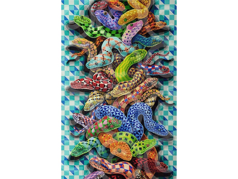 Quilted Snakes Original Oil Painting, Animal Surrealism Wall Art, One ...