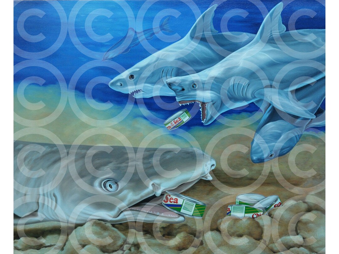 Sharks Eating Tuna Original Oil Painting, Animal Surrealism Wall Art ...