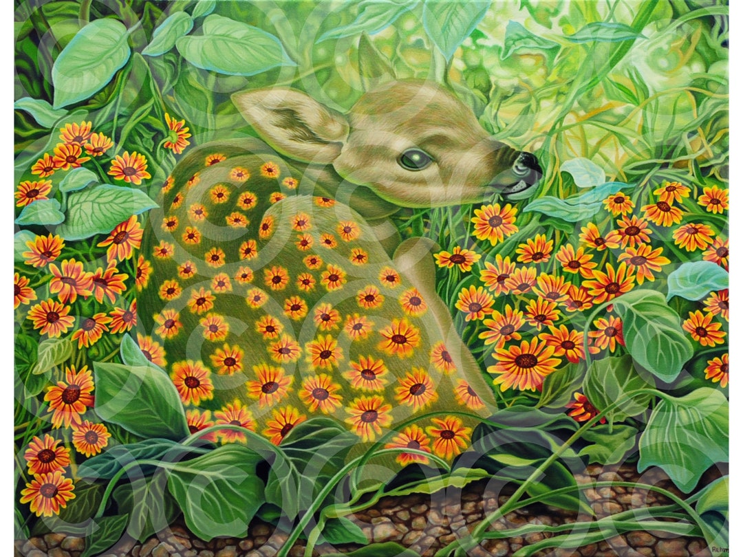 Flowered Fawn Original Oil Painting, Animal Surrealism Wall Art, One of ...