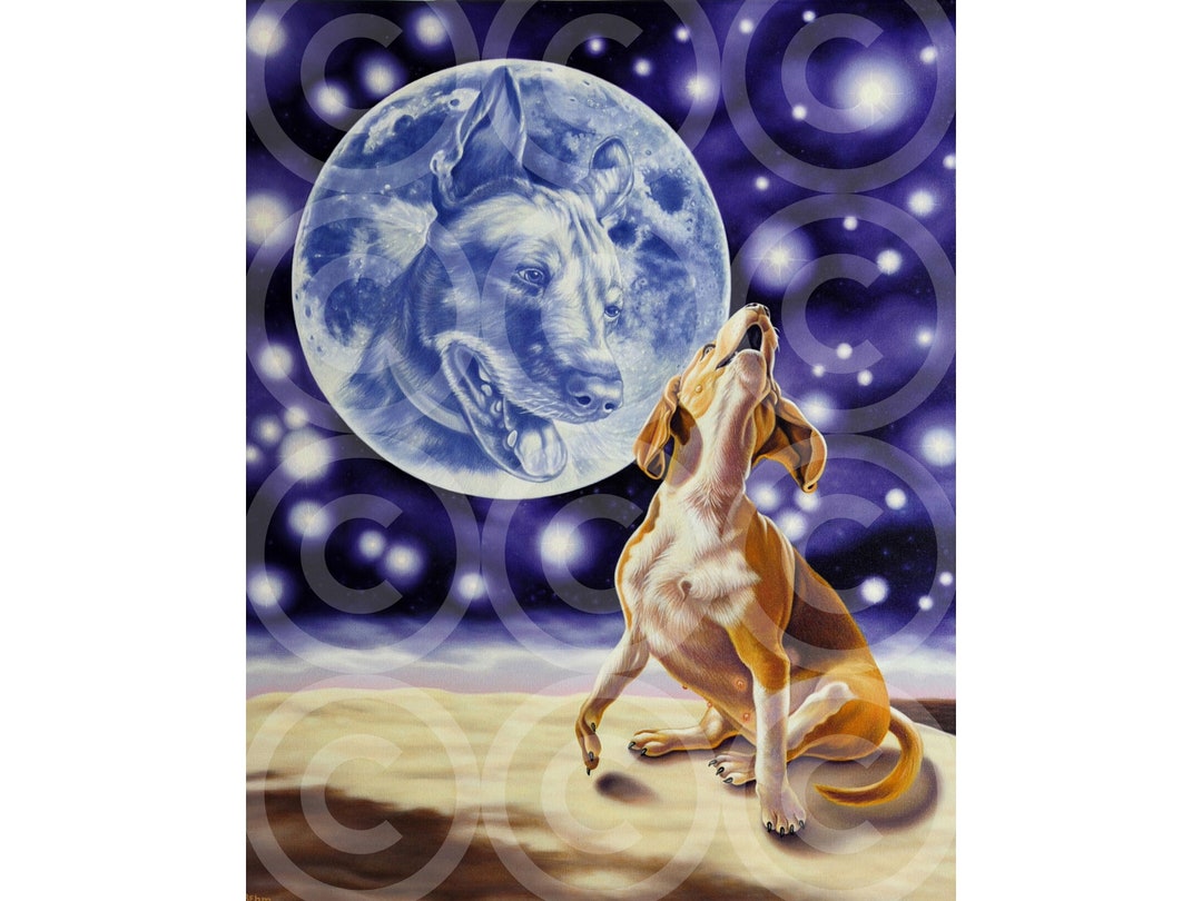 Beloved Dog in the Moon Original Oil Painting, Animal Surrealism Wall ...