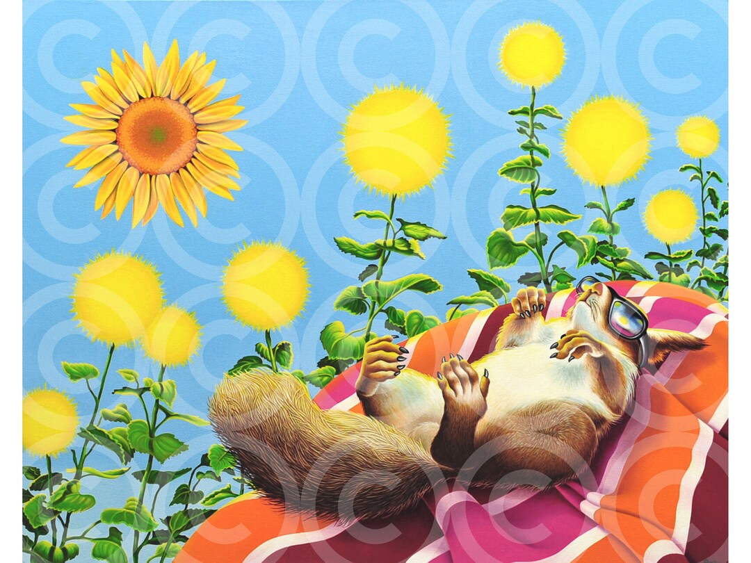 Sunflower Sunbathing Original Oil Painting, Animal Surrealism Wall Art, One of a Kind Artwork on ...