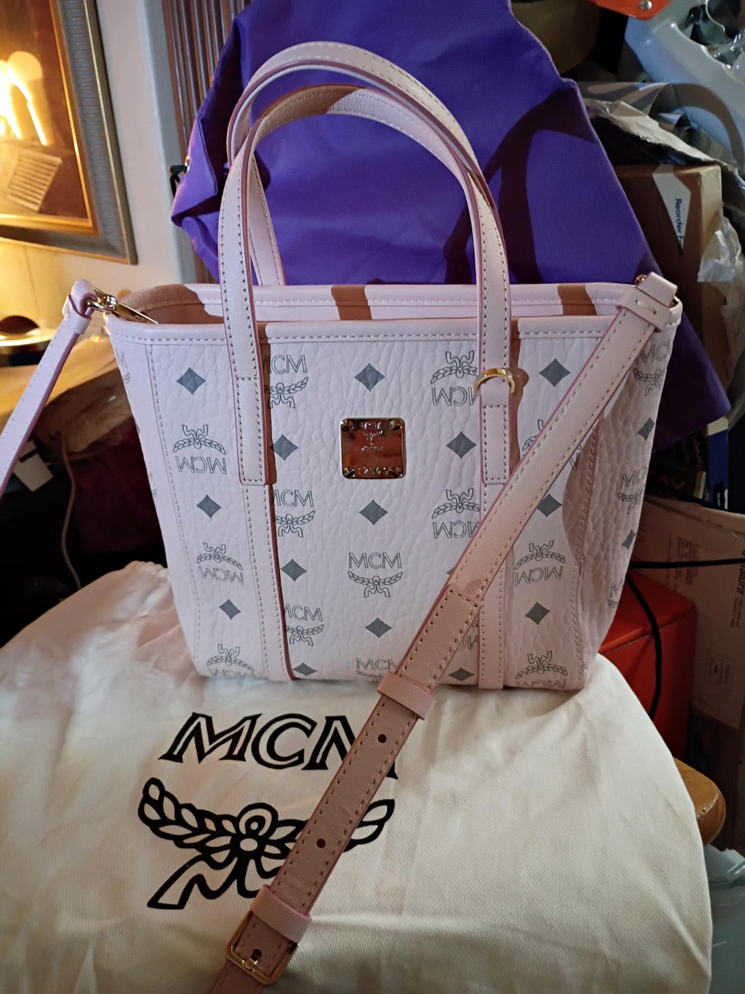 MCM Visetos Monogrammed Soft Pink Tote Bag - Etsy