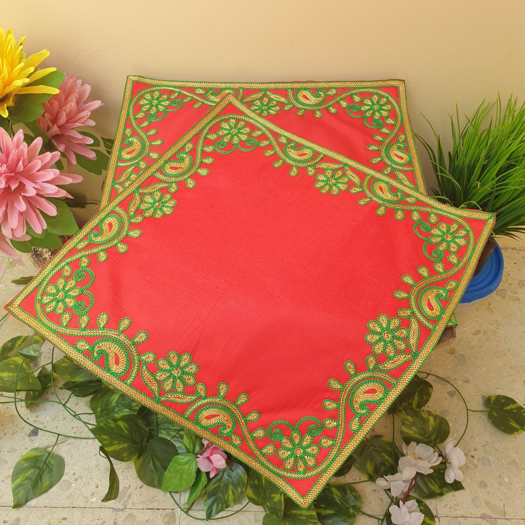 Pooja Aasan Mats Altar Cloths in Red Velvet Embroidery for God Temple ...