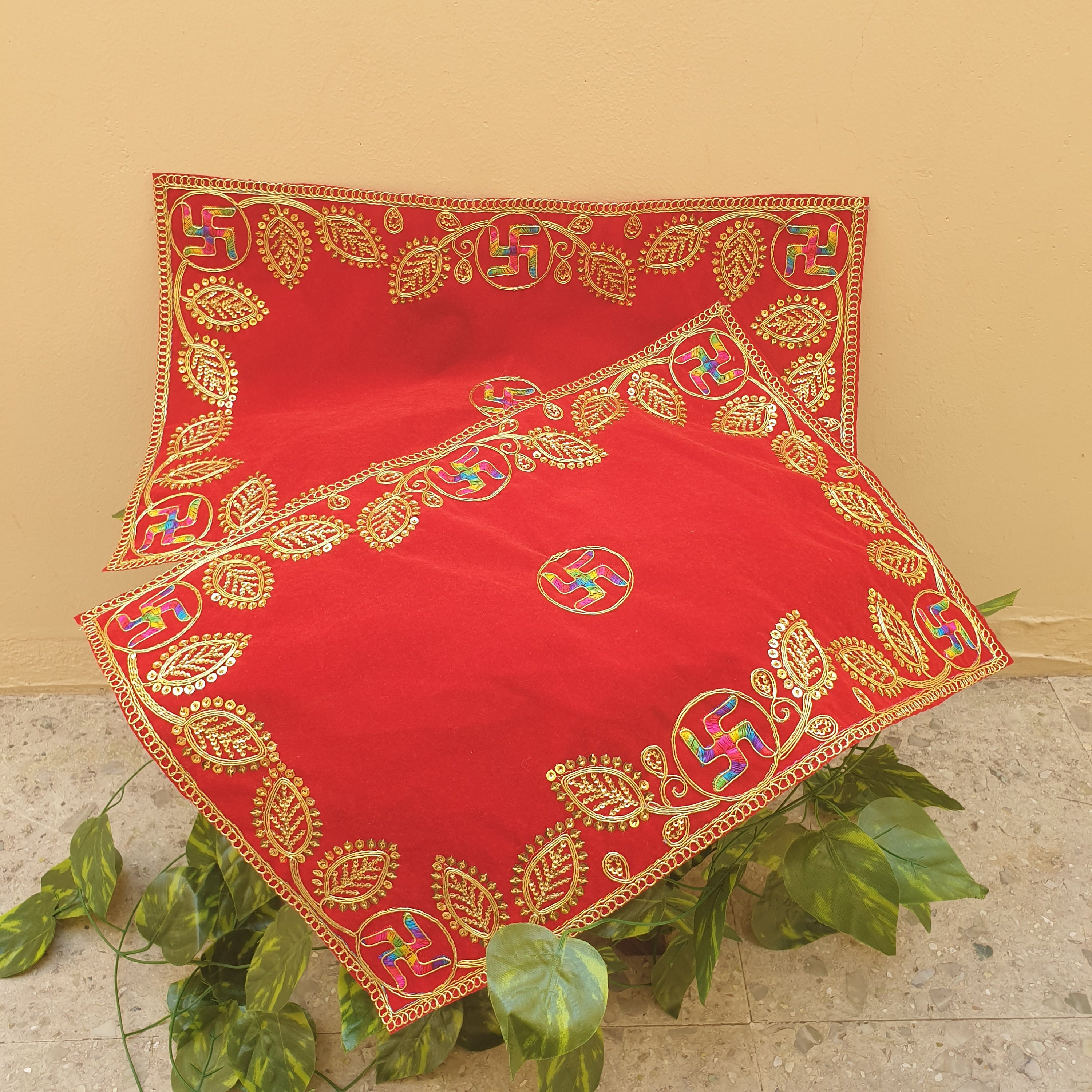 Embroidered Red Velvet Pooja Aasan Mat: Hindu Altar Cloth (set of 2) - Etsy