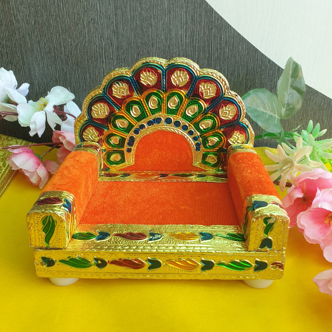 Minakari Laddu Gopal Singhasan: Peacock God Sofa, Wooden Pooja Chowki ...