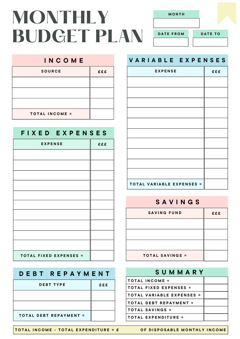 Pastel Monthly Budget Planner - Track Income, Expenses, Savings, Debt ...