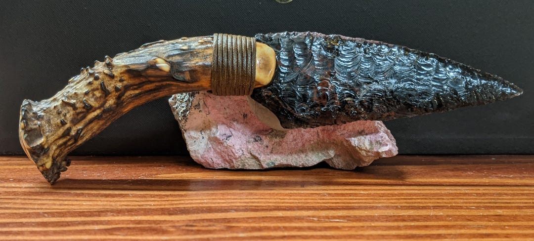 Flint Knapping Knife Obsidian With Turquoise Inlay - Etsy