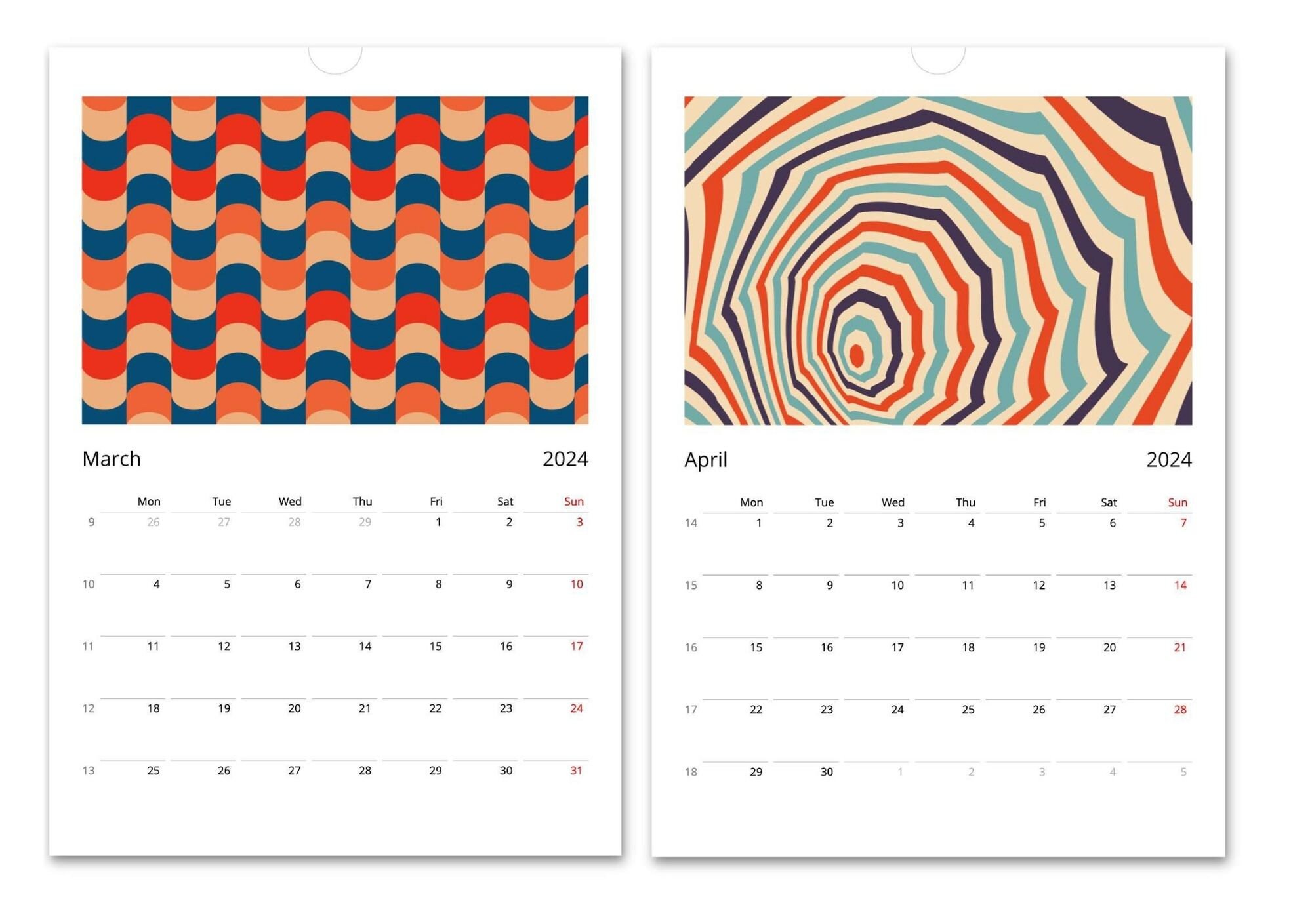 2024 Personalized Wall Retro Calendar With Groovy and Abstract Pattern ...