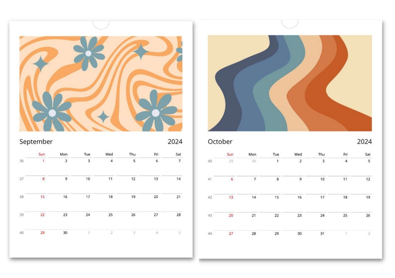 Custom 2024 Wall Retro Calendar With Groovy and Abstract Pattern Wall ...