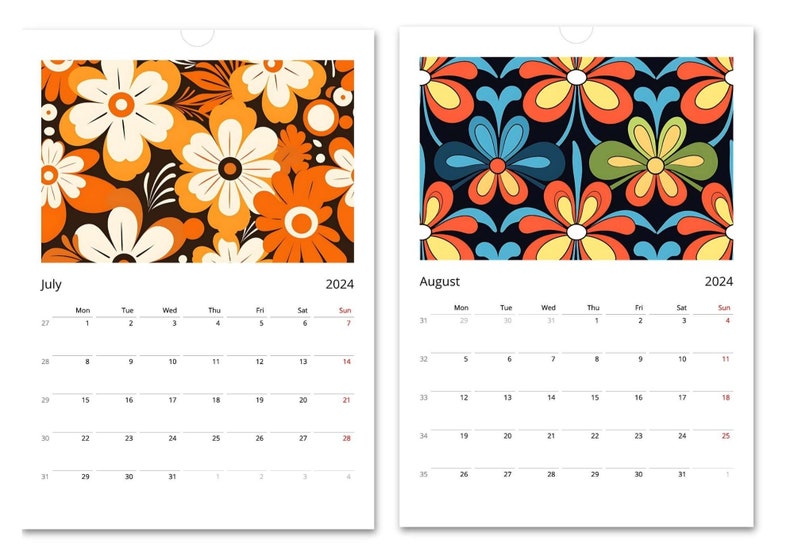 Custom 2024 Wall Retro Calendar With Floral Pattern 70s Wall Hanging ...