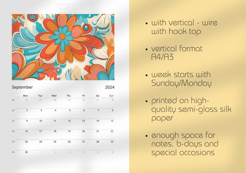 Custom 2024 Wall Retro Calendar With Floral Pattern 70s Wall Hanging ...