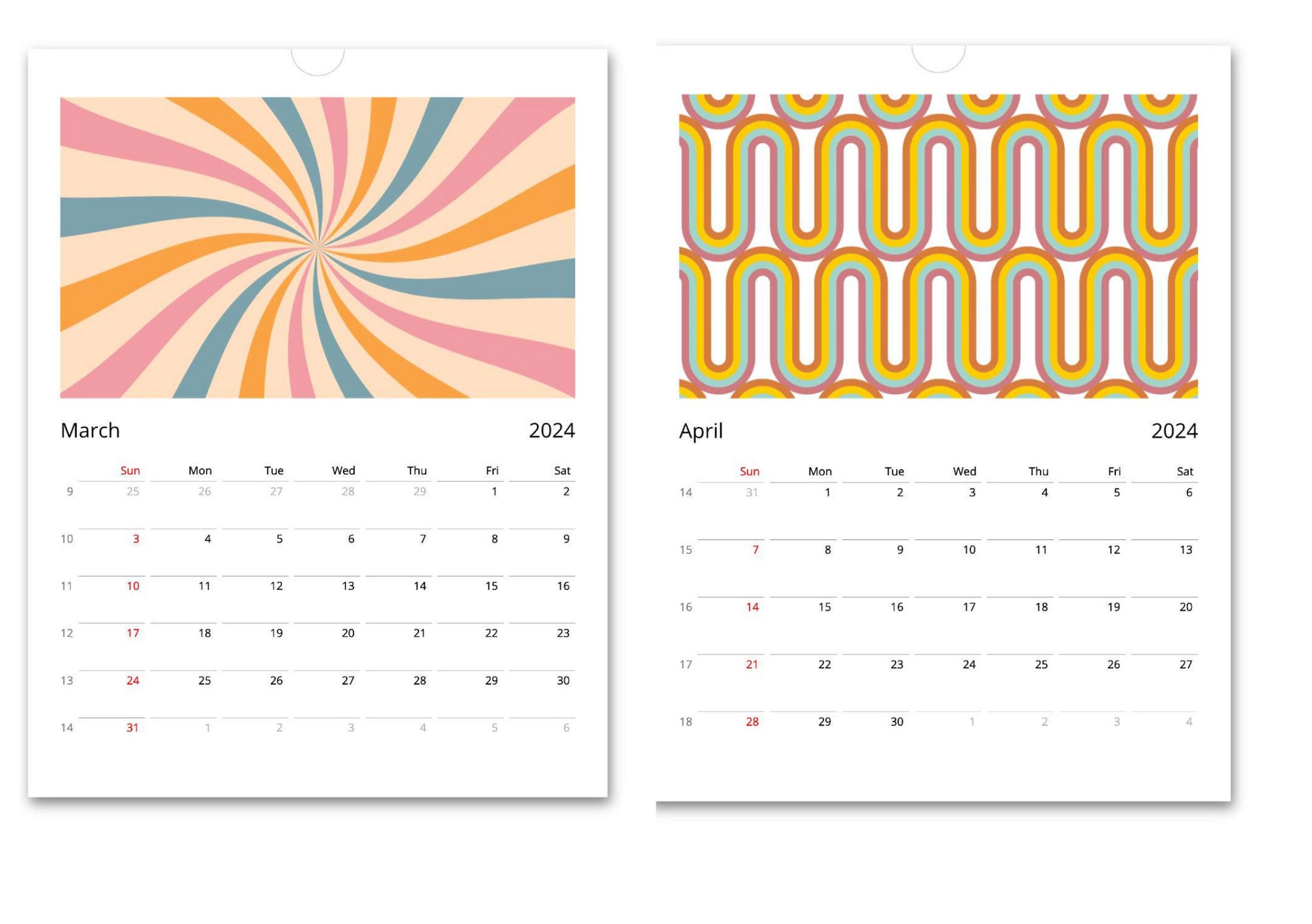 Custom 2024 Wall Retro Calendar With Groovy and Abstract Pattern Wall ...