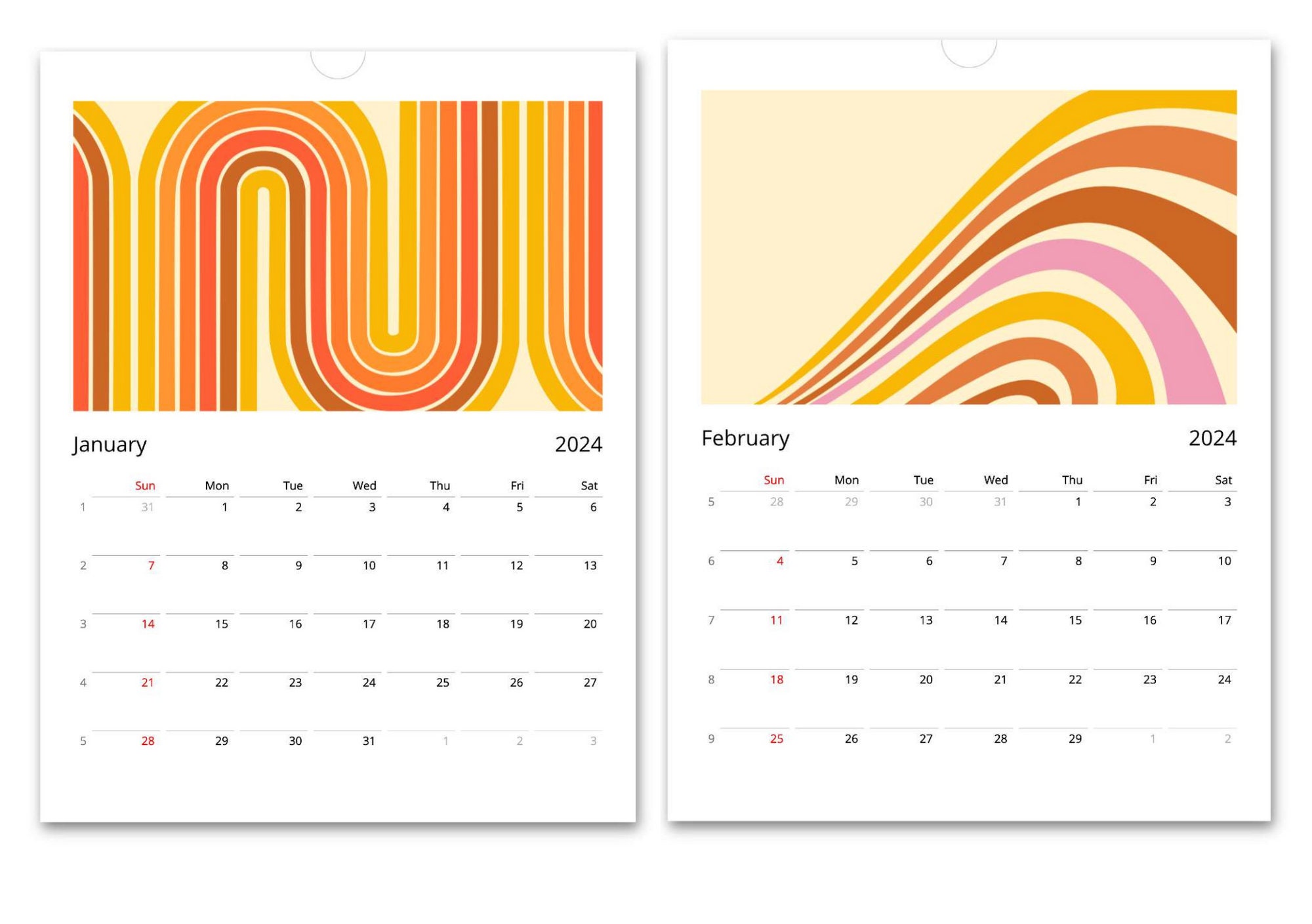 Custom 2024 Wall Retro Calendar With Groovy and Abstract Pattern Wall ...