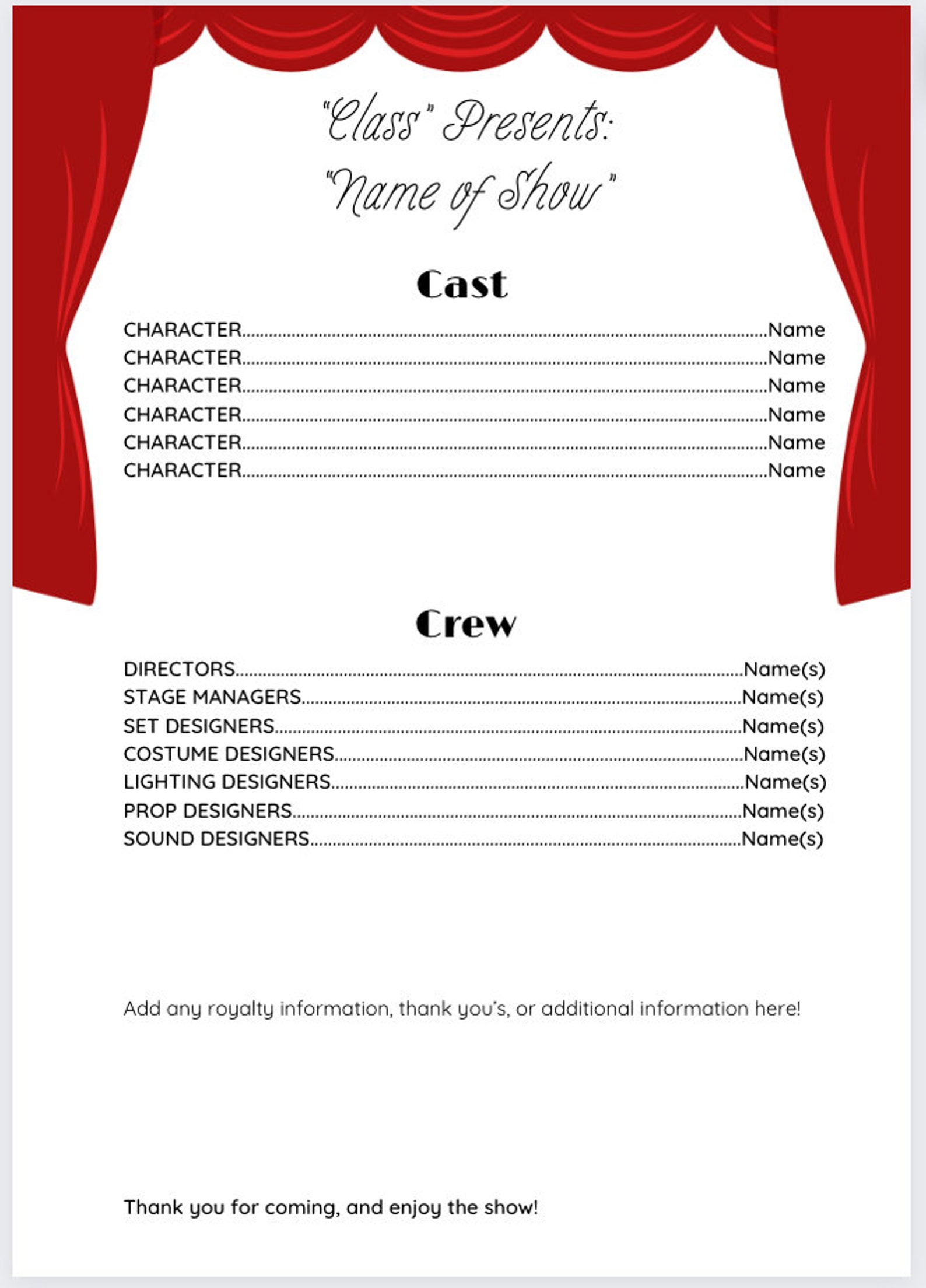 Editable Theater Class Showbill Template - Etsy