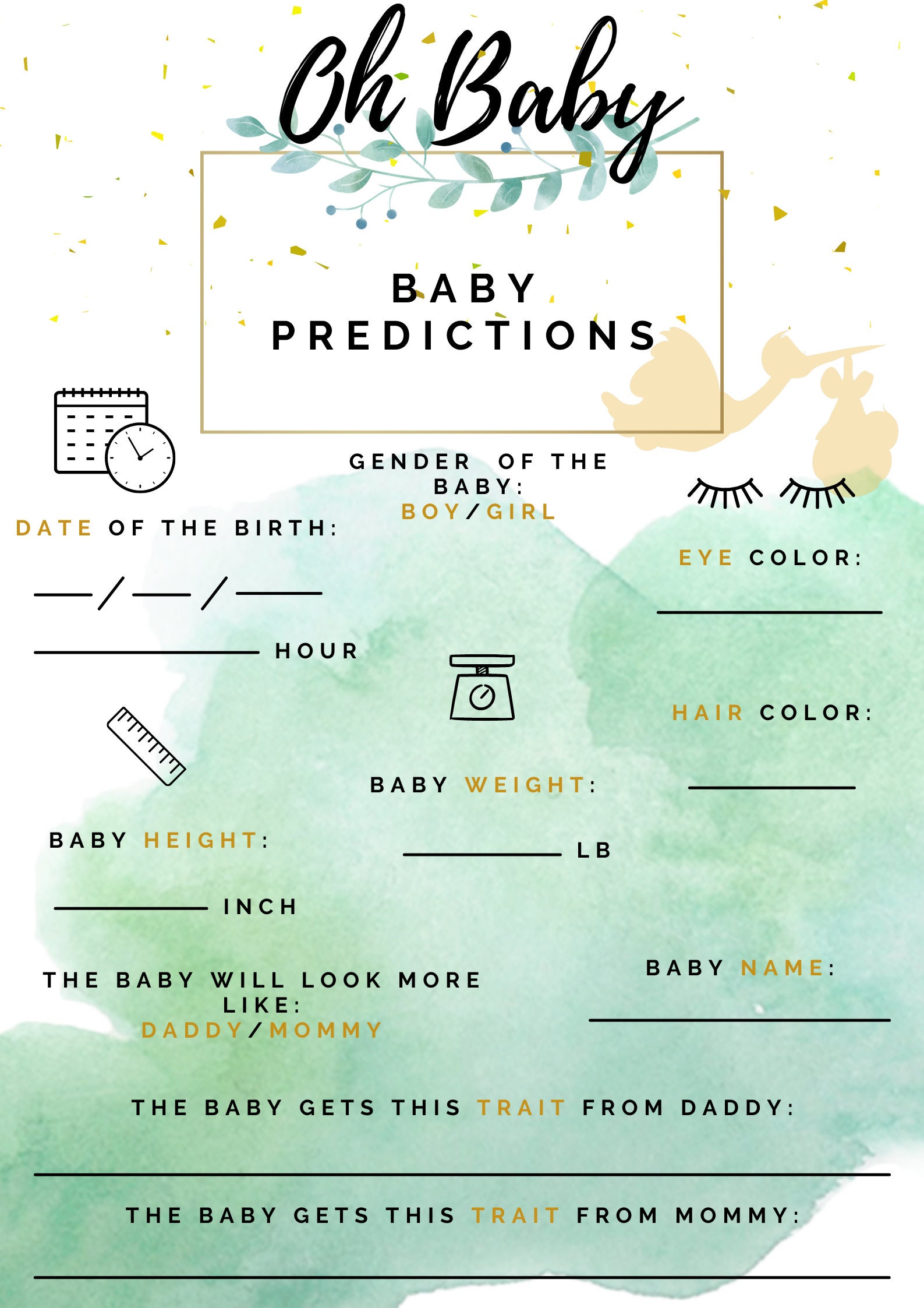 Baby Shower Predictions Card Digital Baby Shower Predictions Card Baby ...