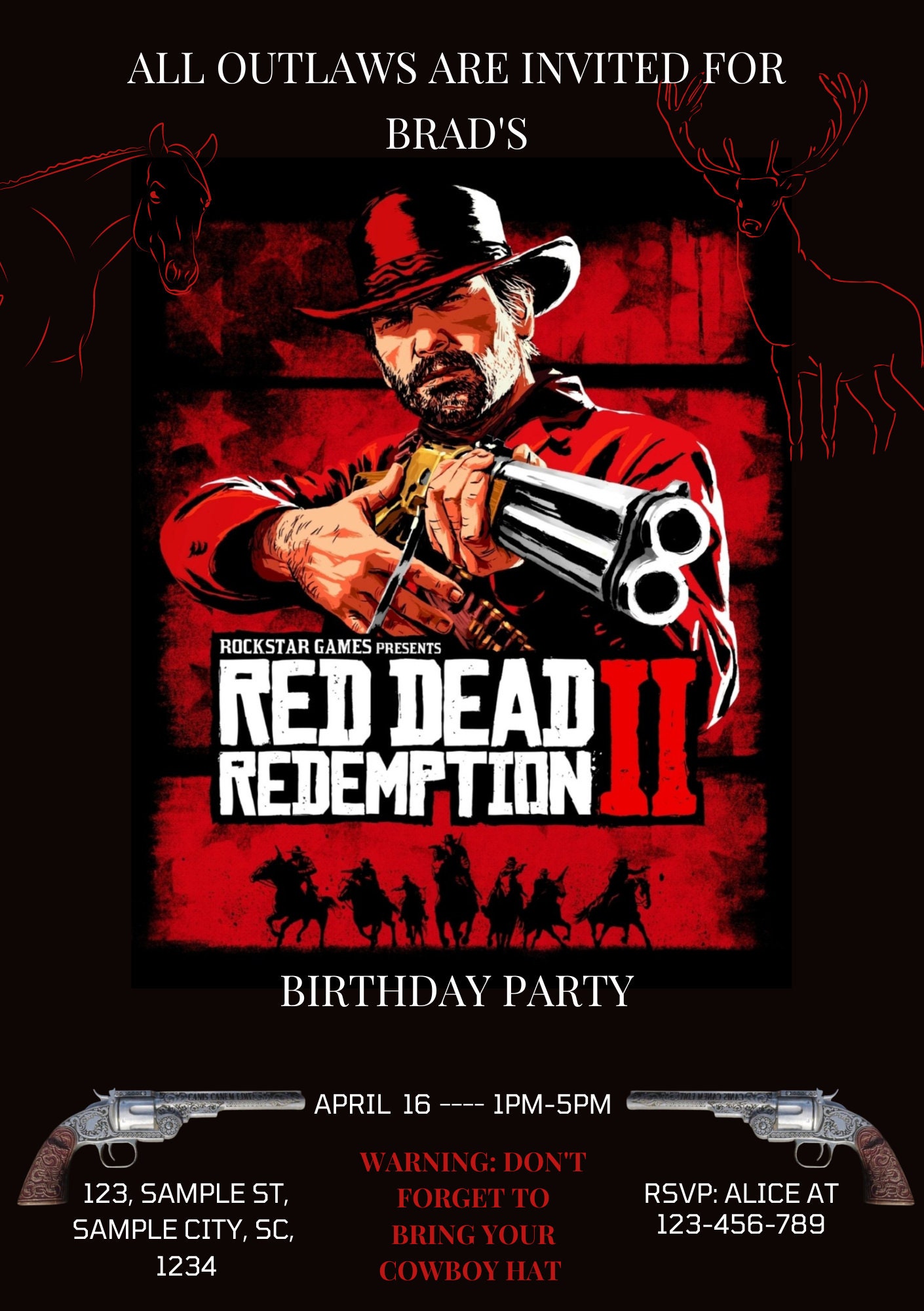 Red Dead Redemption 2 Invitation Arthur Morgan Themed Birthday ...
