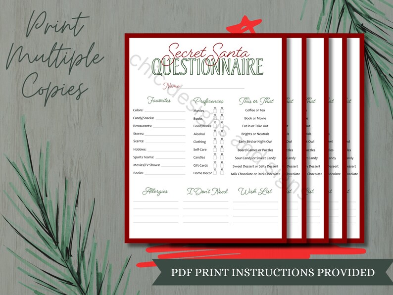 Secret Santa Survey, Secret Santa Questionnaire, Secret Santa Printable ...