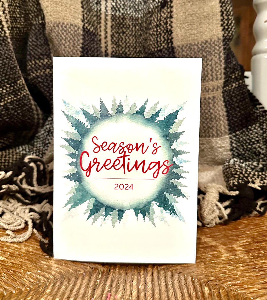 Evergreen Tree Circle Season's Greetings Card, 7x10 Folded Card ...