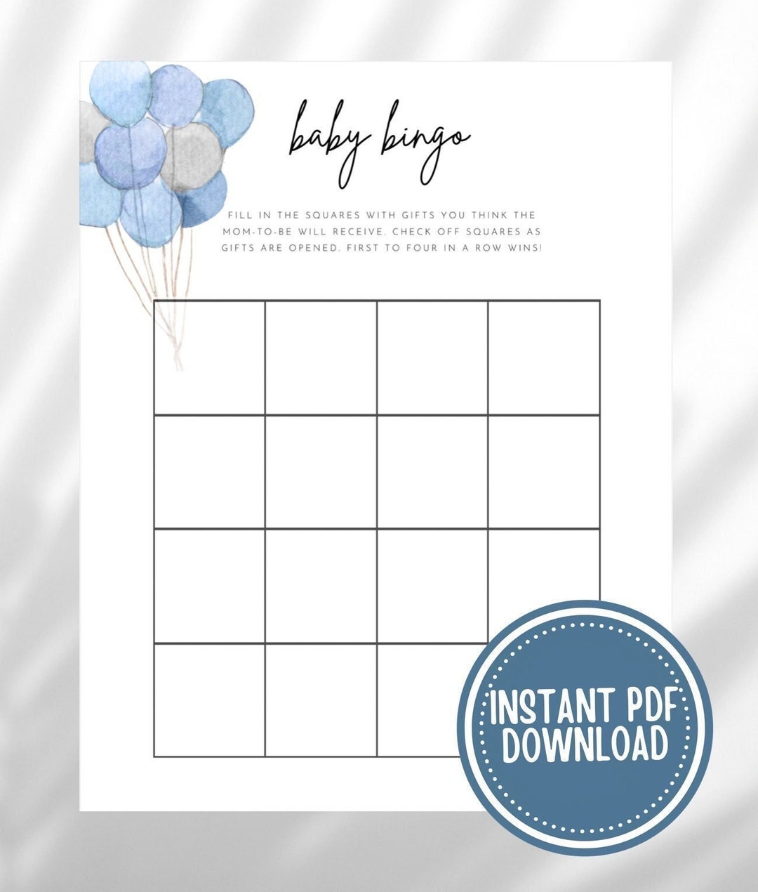 Baby Shower Bingo Game | 4x4 Blank Baby Bingo Card | Baby Shower Game ...