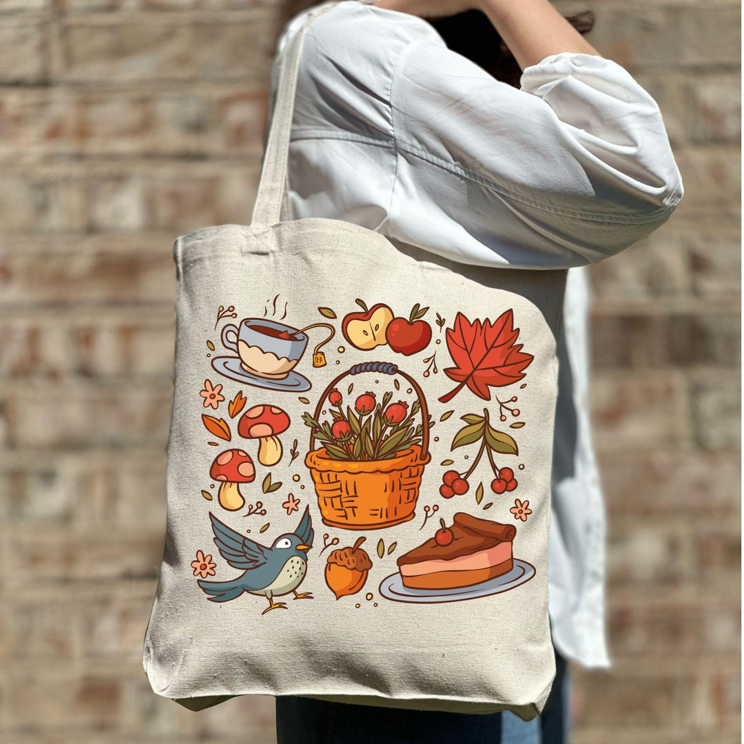 Fall Season Cute Bag, Autumn Leaves Tote Bag, Mushroom Tote Bag, Cute ...
