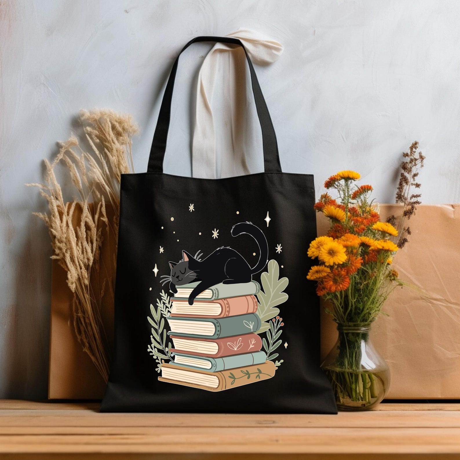 Cat and Books Tote Bag, Book Cat Lover Tote Bag, Shoulder Bag, Coffee ...