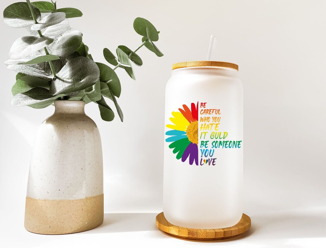 Rainbow Daisy Tumbler, LGBT Iced Coffee Cup, 16oz Glass Cup, Beer Can ...