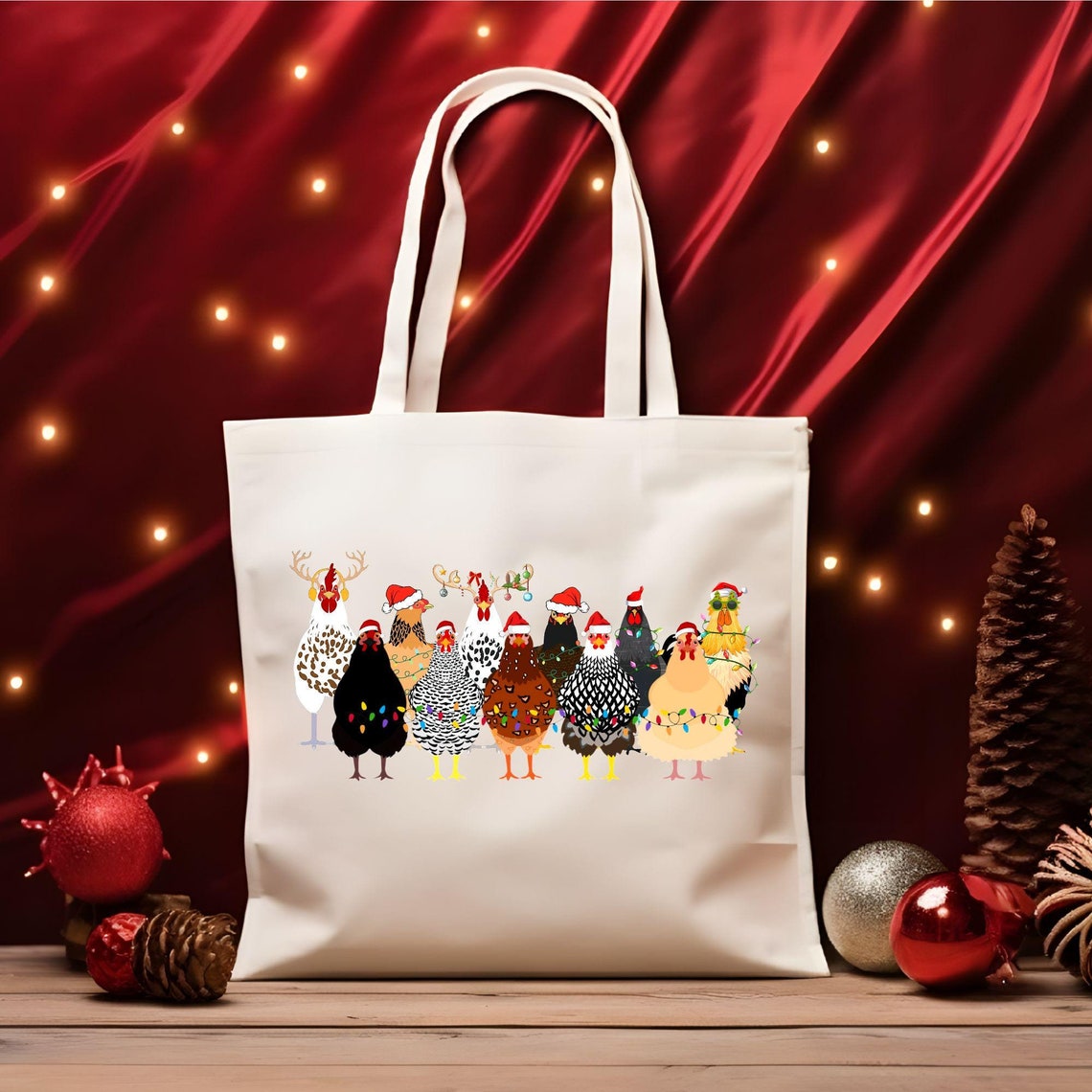 Funny Christmas Chicken Tote Bag, Holiday Chickens With Santa Hats and ...