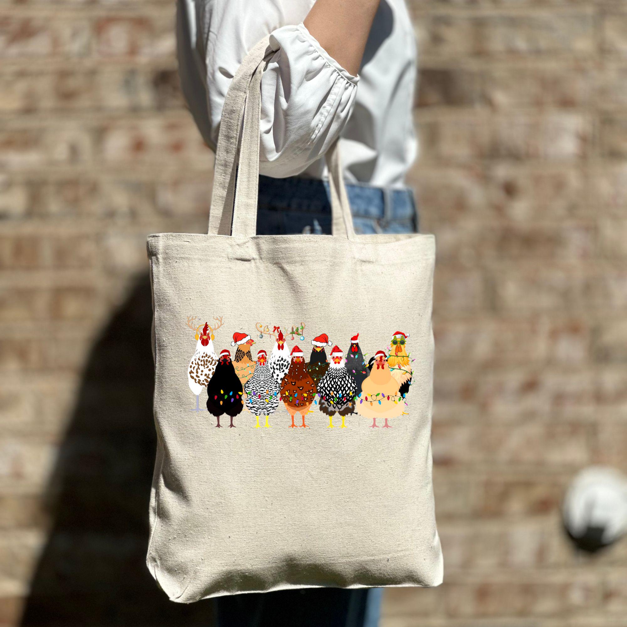 Funny Christmas Chicken Tote Bag, Holiday Chickens With Santa Hats and ...