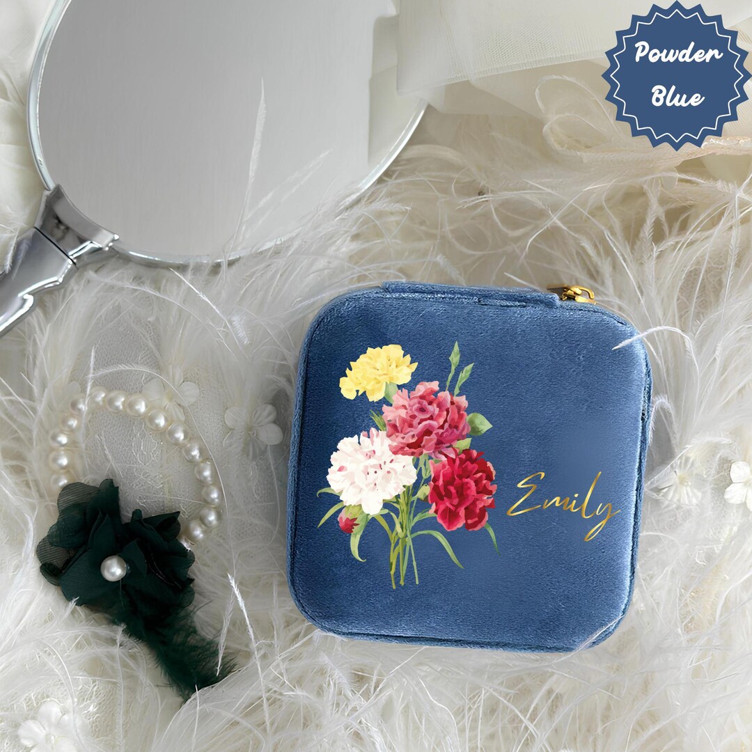 Personalized Birth Month Flower Jewelry Box Italian Velvet, Travel ...
