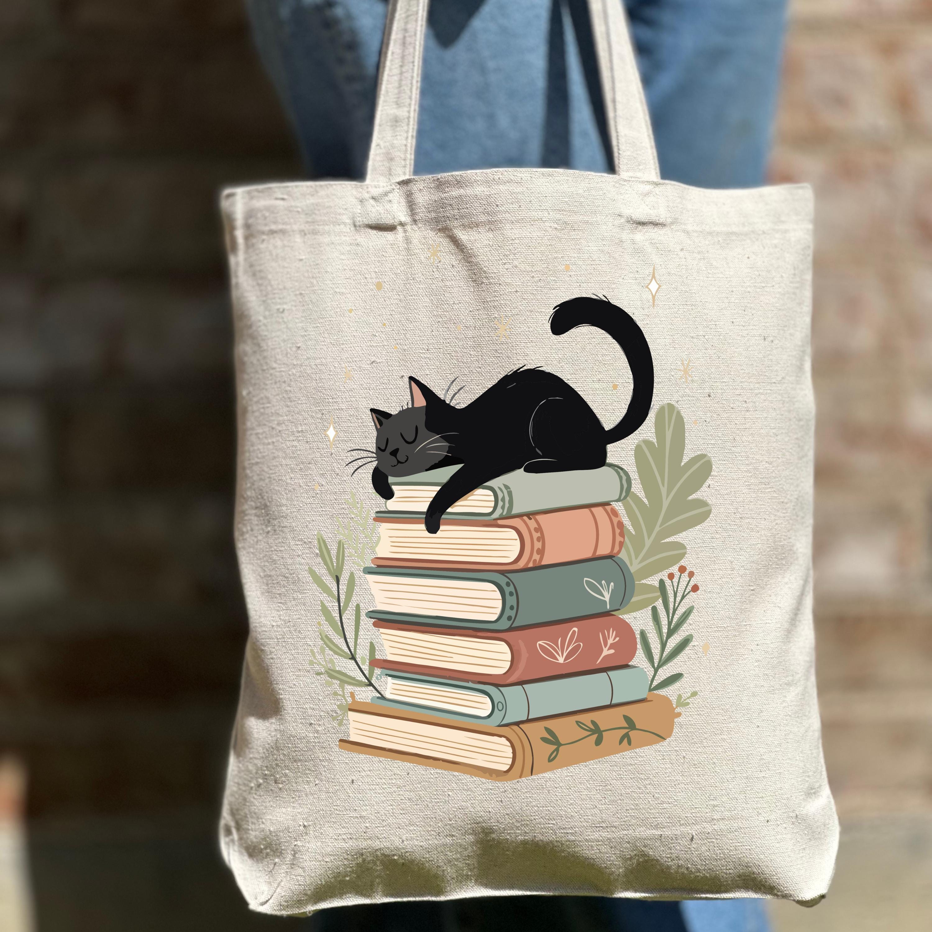 Cat and Books Tote Bag, Book Cat Lover Tote Bag, Shoulder Bag, Coffee ...