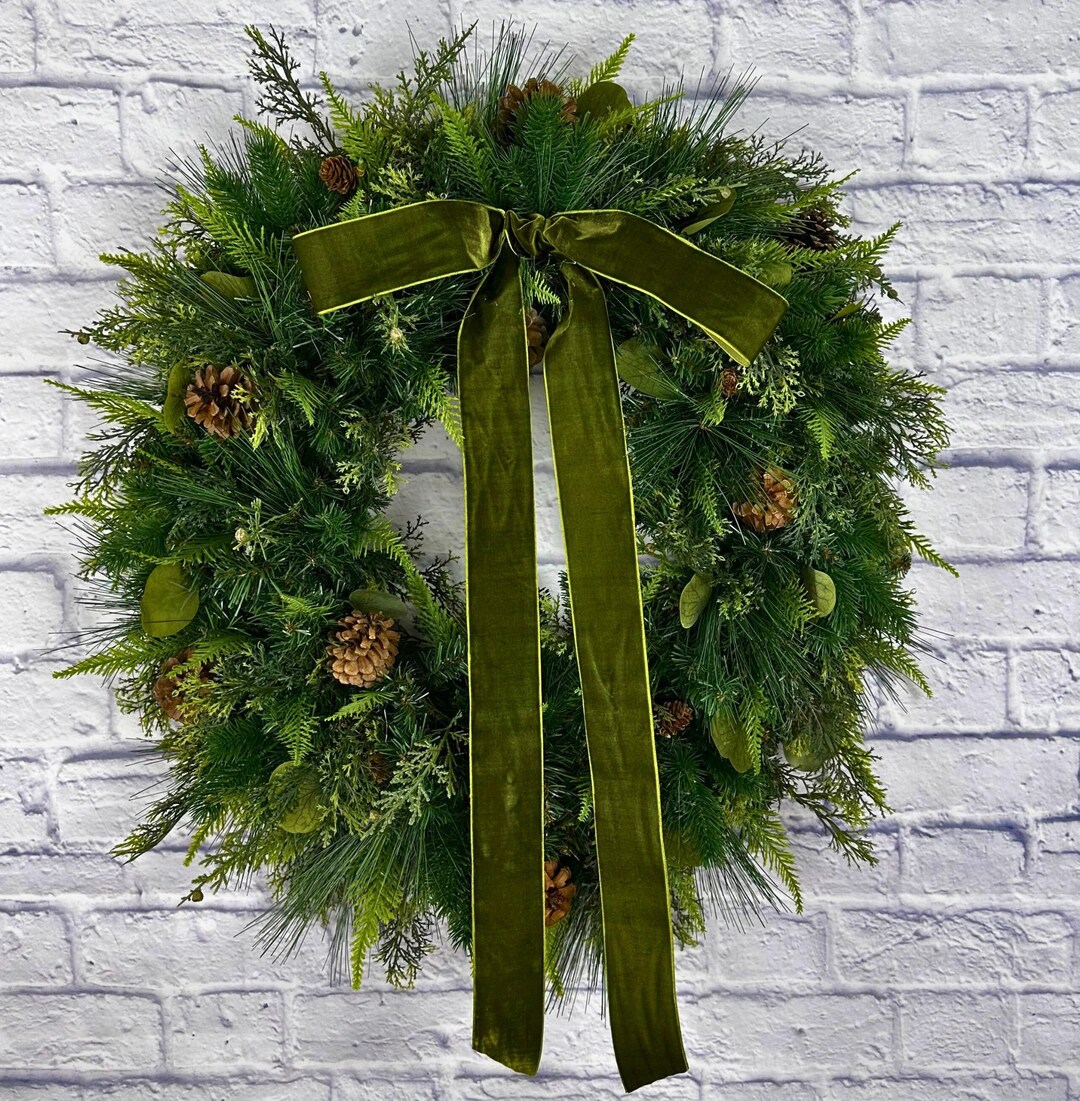 Luxe Evergreen Winter Wreath With Velvet Ribbon, Real Touch Greenery ...