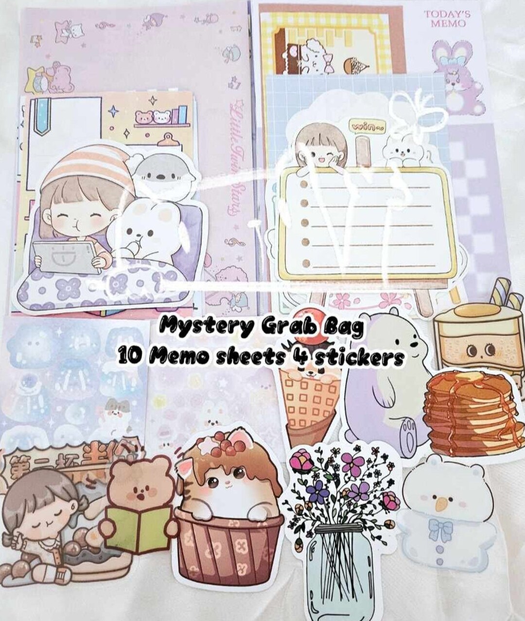 Kawaii Memo Sheet Grab Bag 10 Sheets and 4 Stickers - Etsy