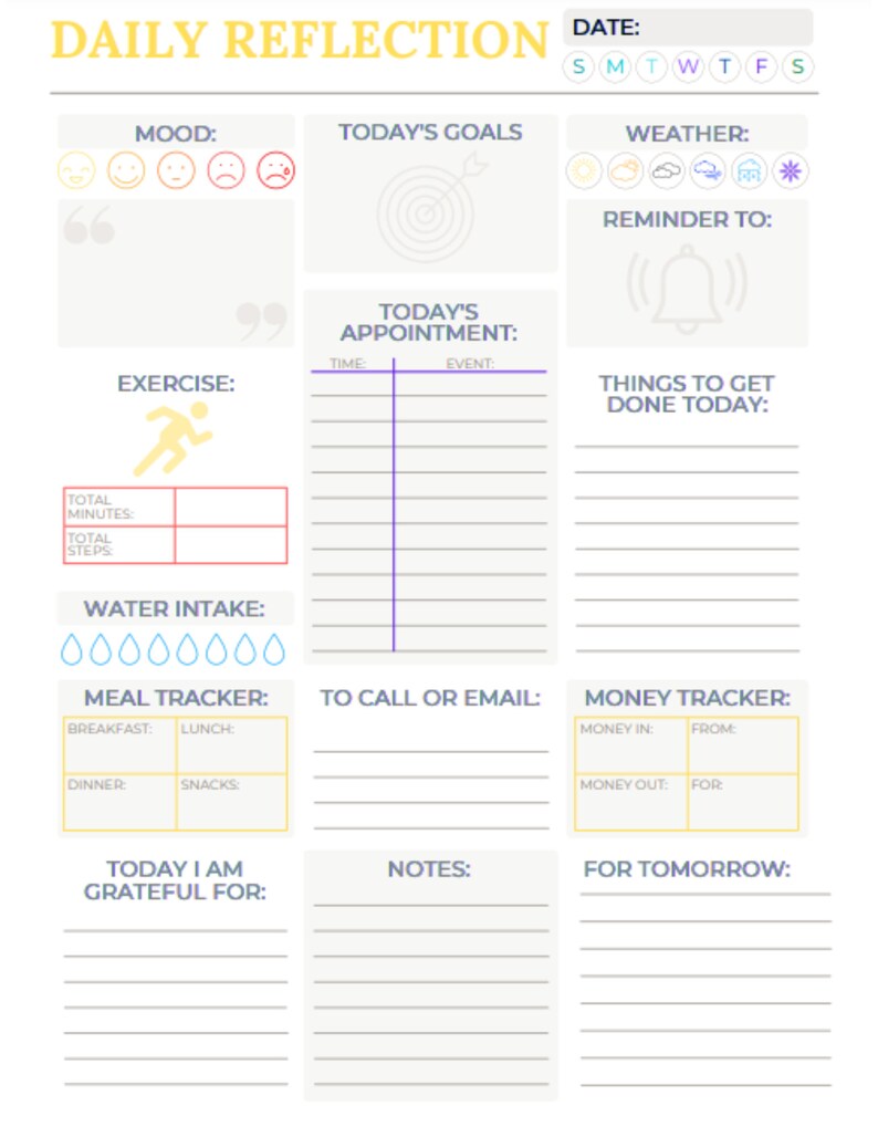 Printable Daily Reflection Journal, Goal Worksheet, Planner, Undated ...