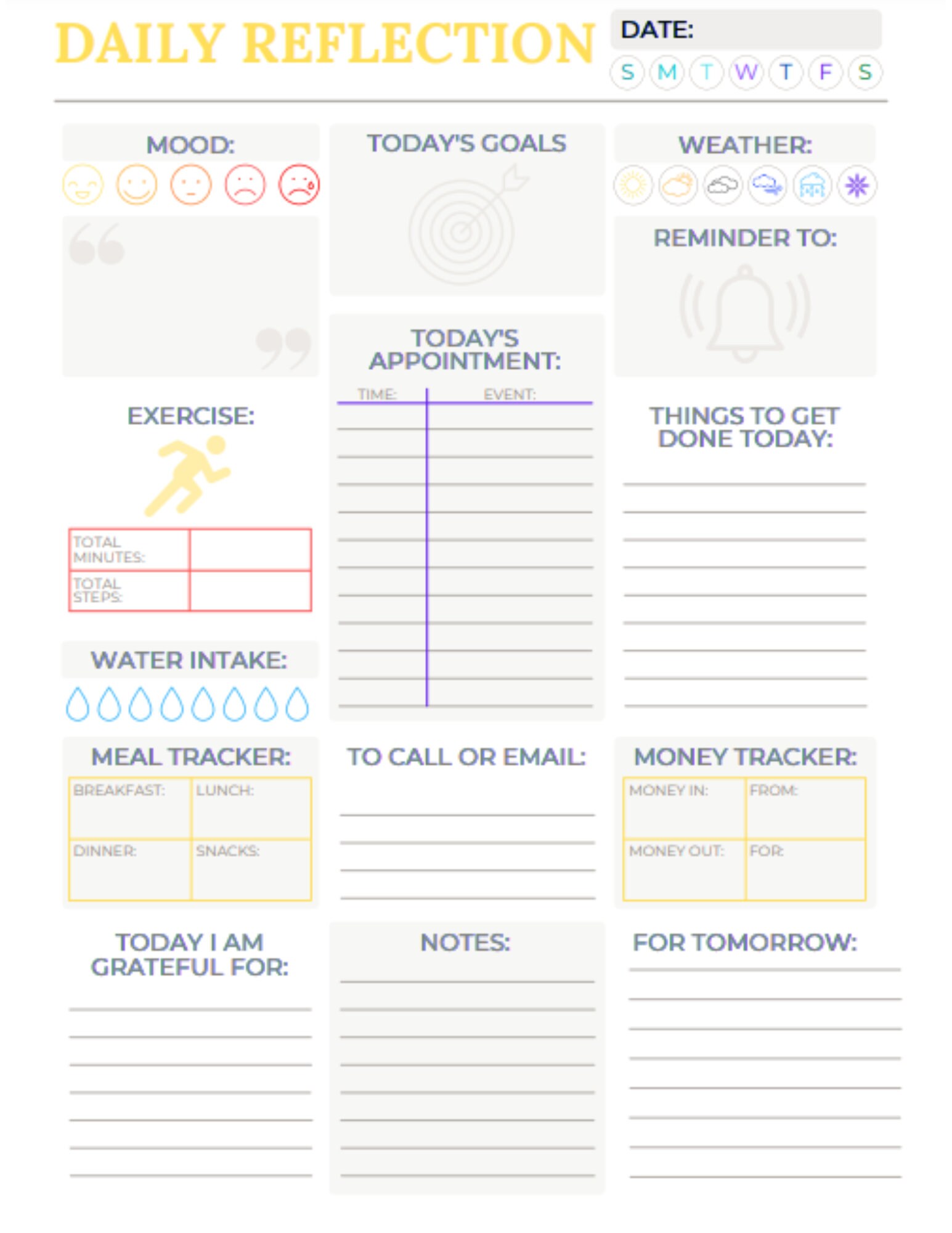 Printable Daily Reflection Journal, Goal Worksheet, Planner, Undated ...