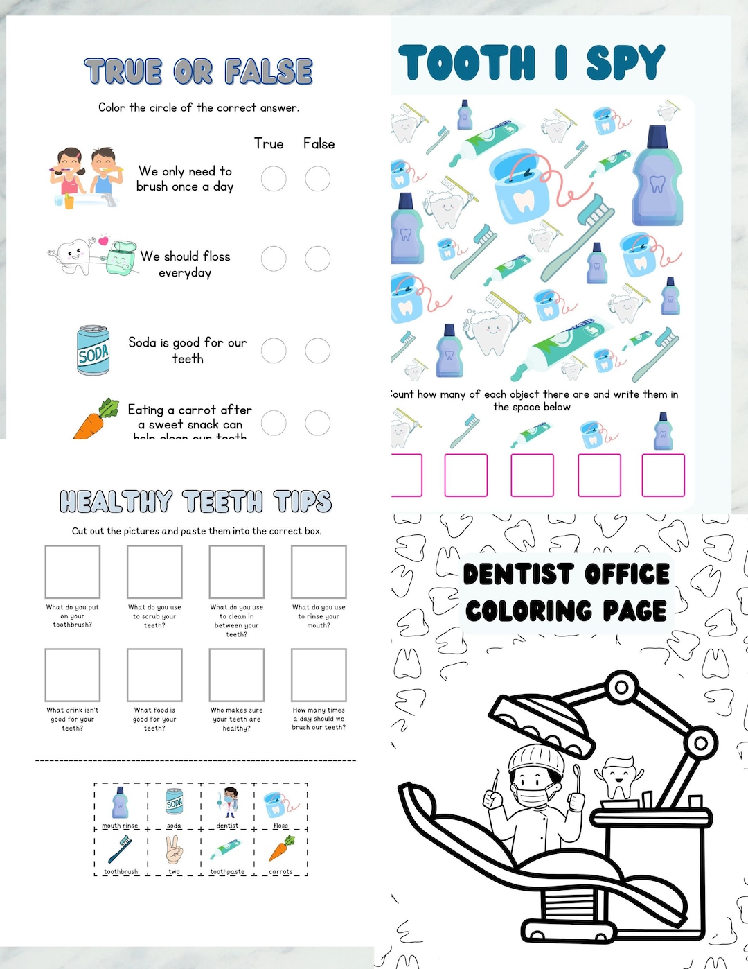 Children's Dental Educational Worksheet Prints, DIGITAL DOWNLOADS ...