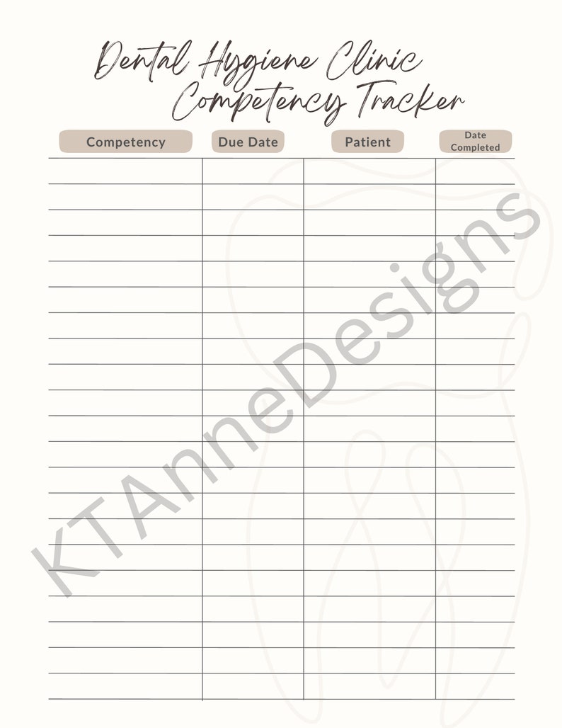 Dental Hygiene Clinic Tracker DIGITAL DOWNLOAD, School Competency ...