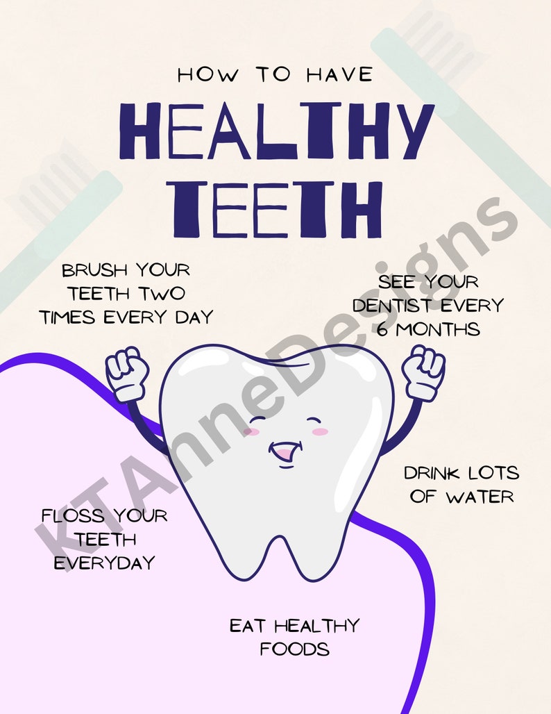 Healthy Teeth Poster DIGITAL DOWNLOAD, Kids Dental Education, Childrens ...